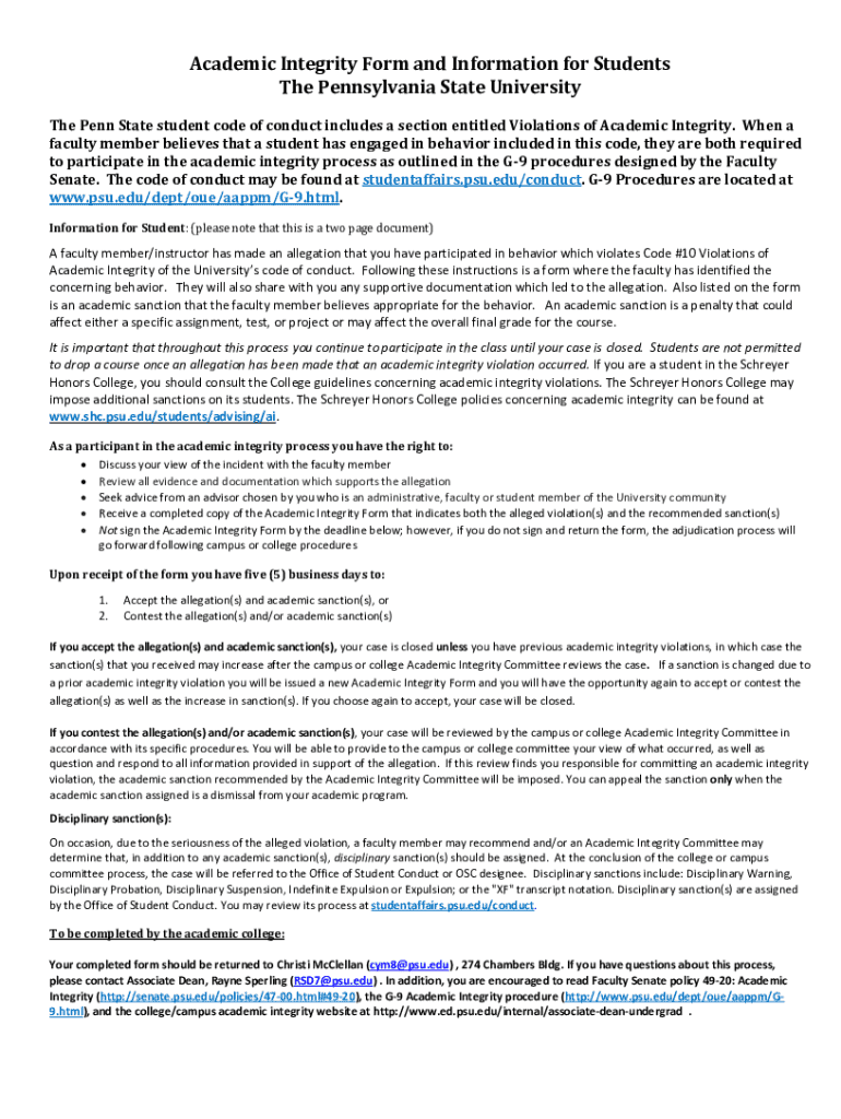 Fillable Online ed psu Universal Academic Integrity Form Fax Email ...