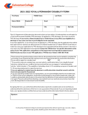 Fillable Online 2021-2022 Total & Permanent Disability Form Fax Email Print - pdfFiller