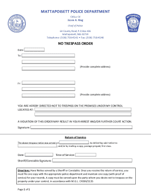 Fillable Online No Trespass Order - MATTAPOISETT POLICE DEPARTMENT Fax ...