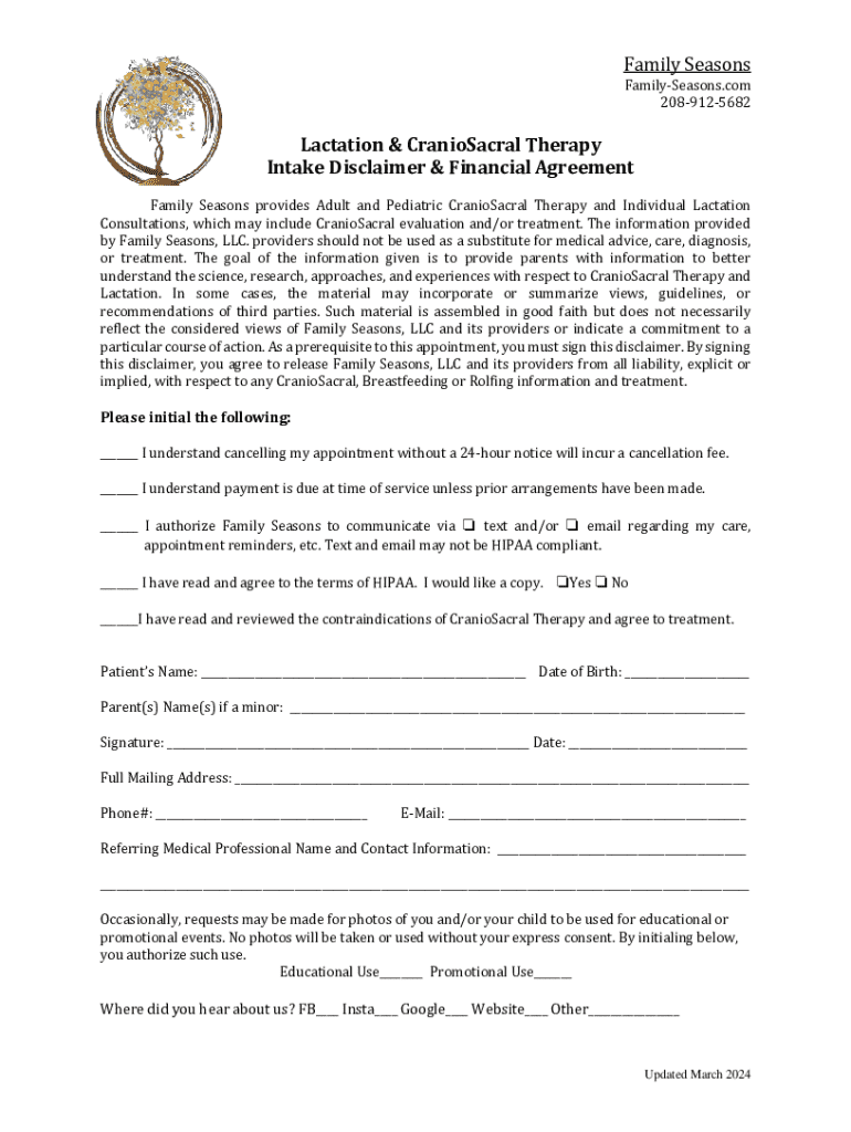 Fillable Online Family Seasons Lactation & CranioSacral Therapy Intake ...