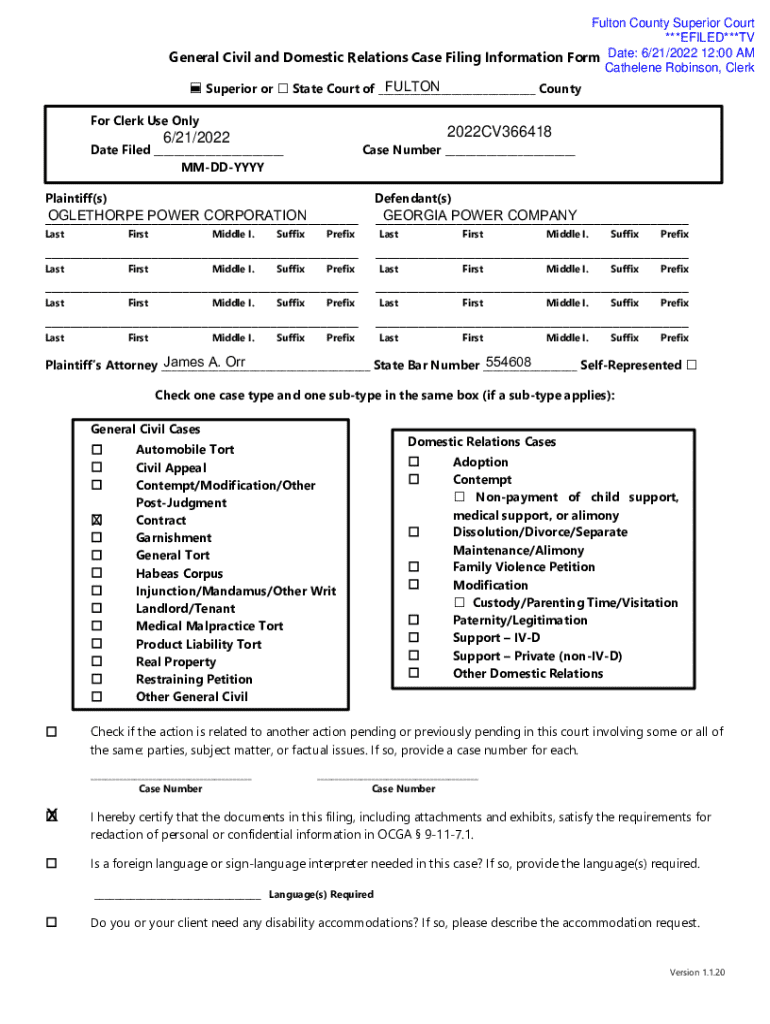 Fillable Online General Civil and Domestic Relations Case Filing ...