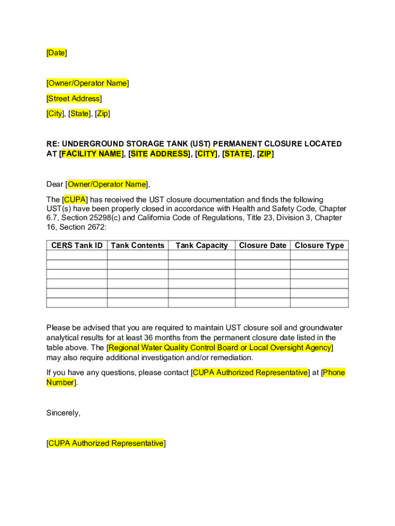 Fillable Online UST Closure Letter Template. UST Closure Letter ...