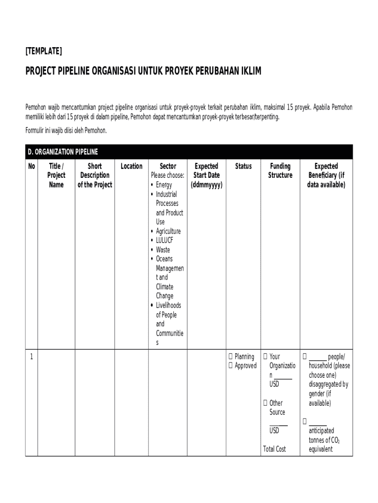 project pipeline organisasi untuk proyek perubahan iklim Doc Template | pdfFiller