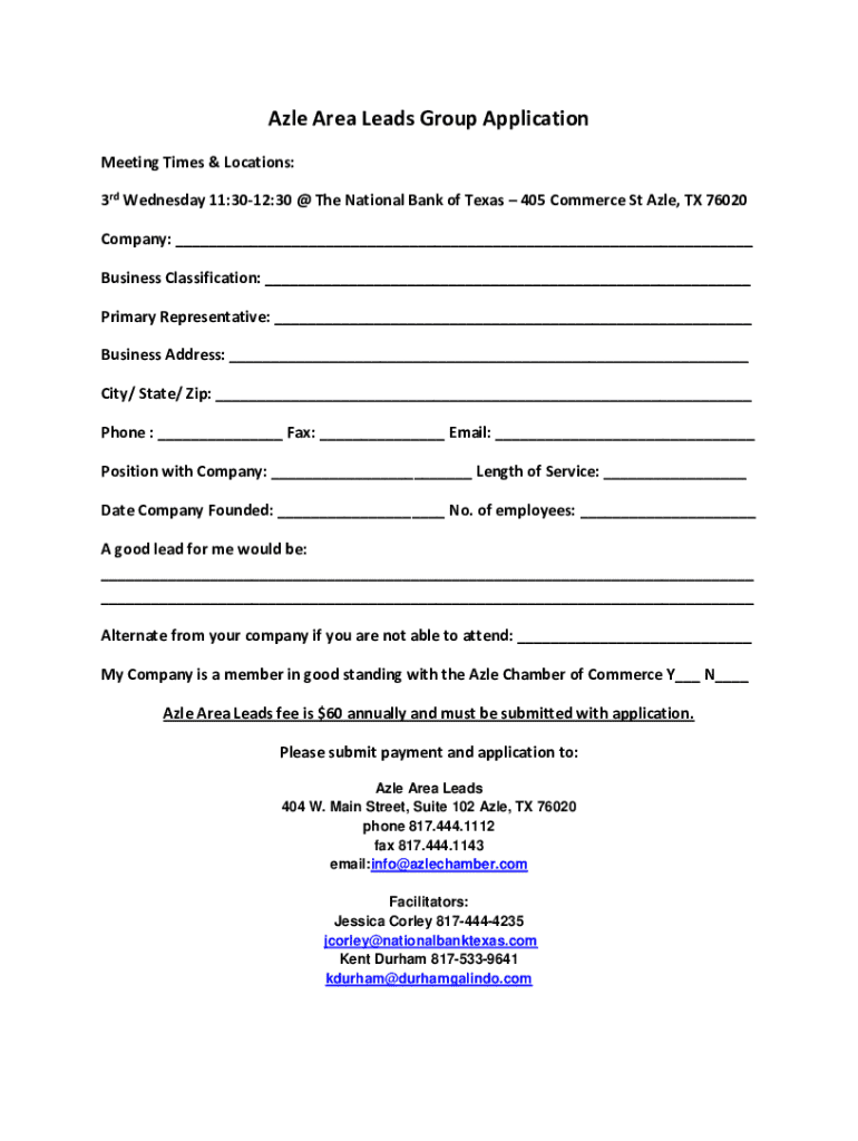 Fillable Online Azle Area Leads Group Application Fax Email Print - pdfFiller