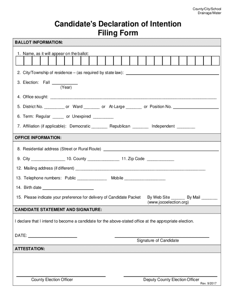 Fillable Online www2 opkansas Candidate's Declaration of Intention Form ...