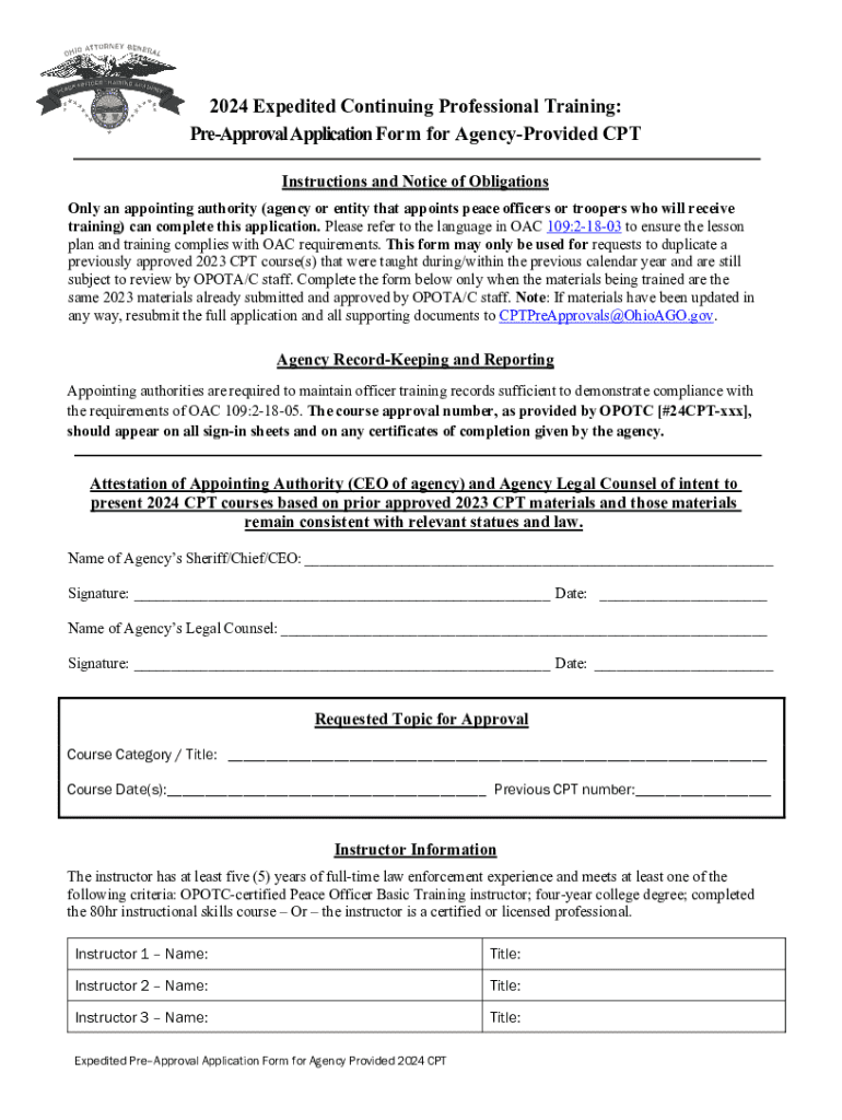 Fillable Online 2024 CPT PreApproval Application Form for Agency ...
