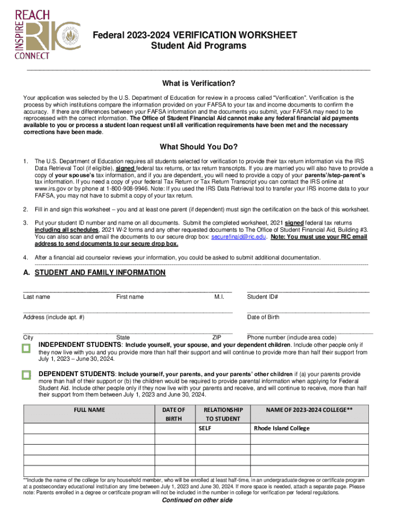 Fillable Online Federal 2023-2024 VERIFICATION WORKSHEET Student Aid ...
