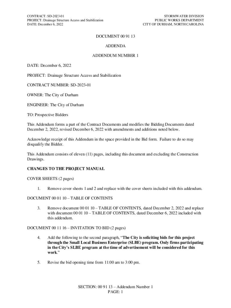 Fillable Online 1 DOCUMENT 00 91 13 ADDENDA ADDENDUM NUMBER 1 DATE ...