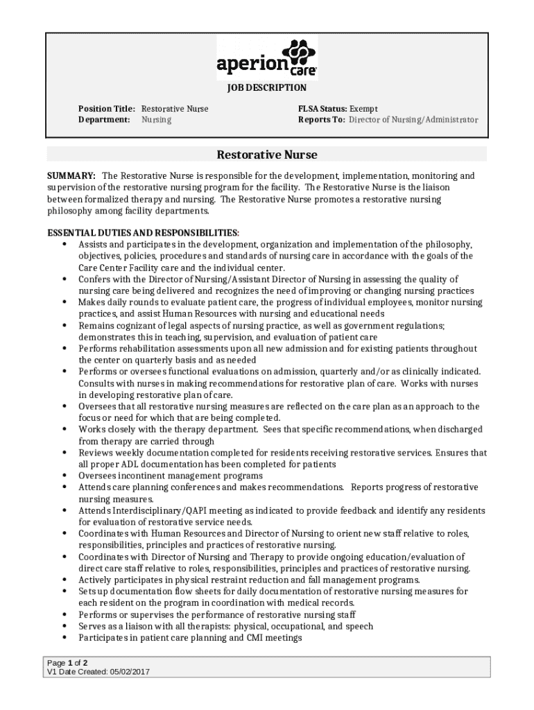 Fillable Online RN Restorative Nurse/Unit Nurse-Full Time Fax Email ...