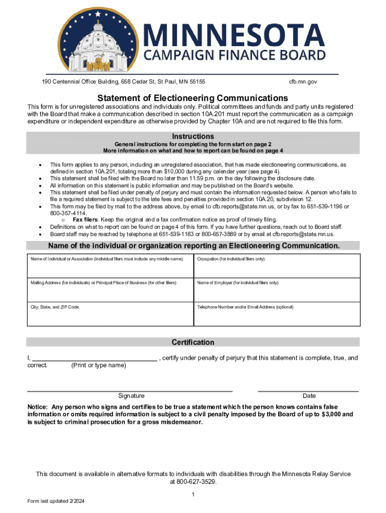 Fillable Online Statement of Electioneering Communications Fax Email ...