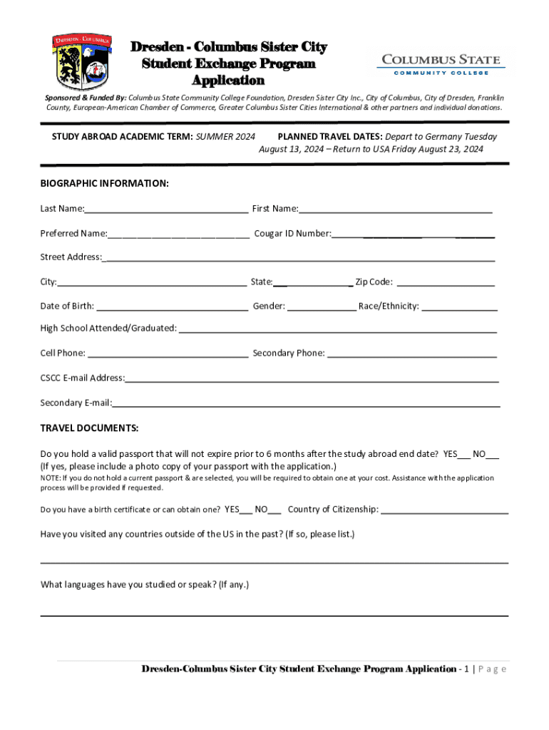 Fillable Online Columbus Sister City Student Exchange Program Application Fax Email Print ...
