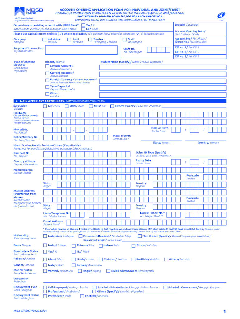 Fillable Online ACCOUNT OPENING APPLICATION FORM / BORANG ... Fax Email ...