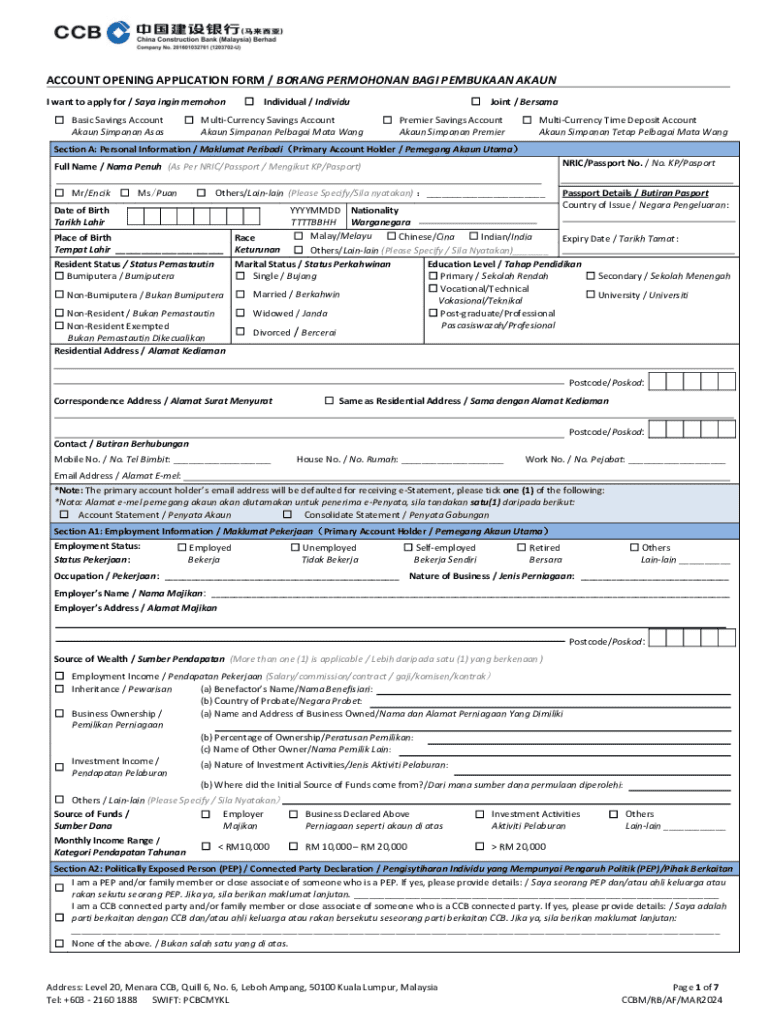 Fillable Online ACCOUNT OPENING APPLICATION FORM / BORANG PERMOHONAN BAGI PEMBUKAAN AKAUN Fax ...