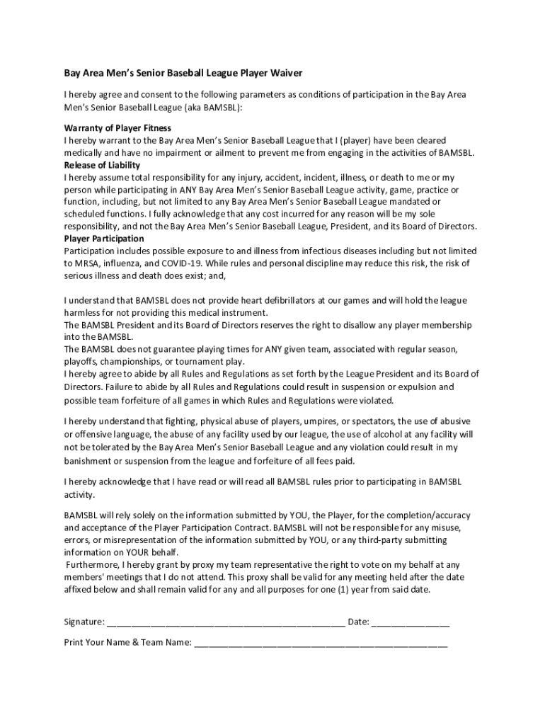Fillable Online Bay Area Men's Senior Baseball League Player Waiver Fax ...
