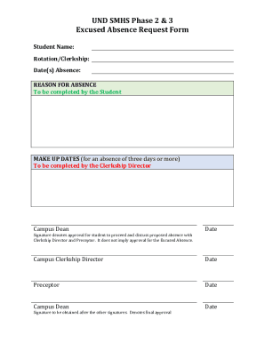 Fillable Online med und UND SMHS Phase 2 & 3 Excused Absence Request ...