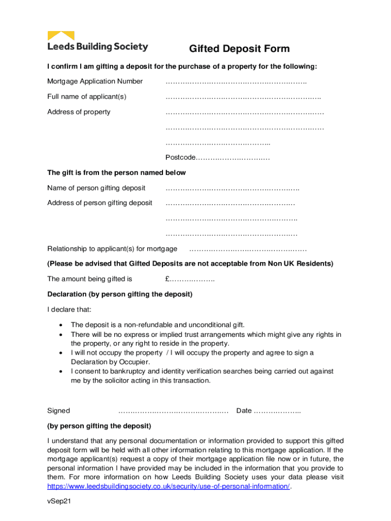 Fillable Online Gifted Deposit Confirmation form Donor Declaration Fax ...