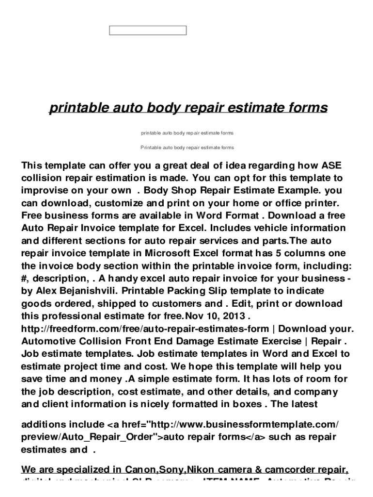 Fillable Online Free Auto Body Repair Estimate Template Forms Fax Email ...