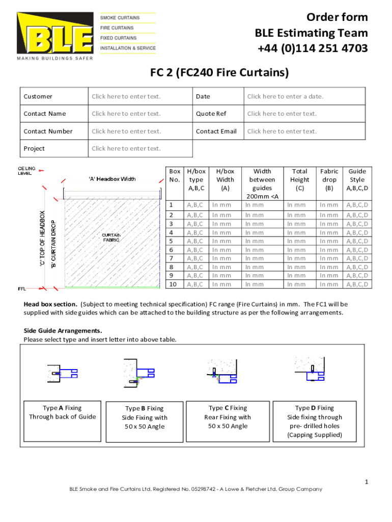 Fillable Online Order form BLE Estimating Team +44 (0)114 251 4703 FC 2 ...