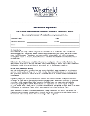 Fillable Online Whistleblower Report Form Westfield State University ...