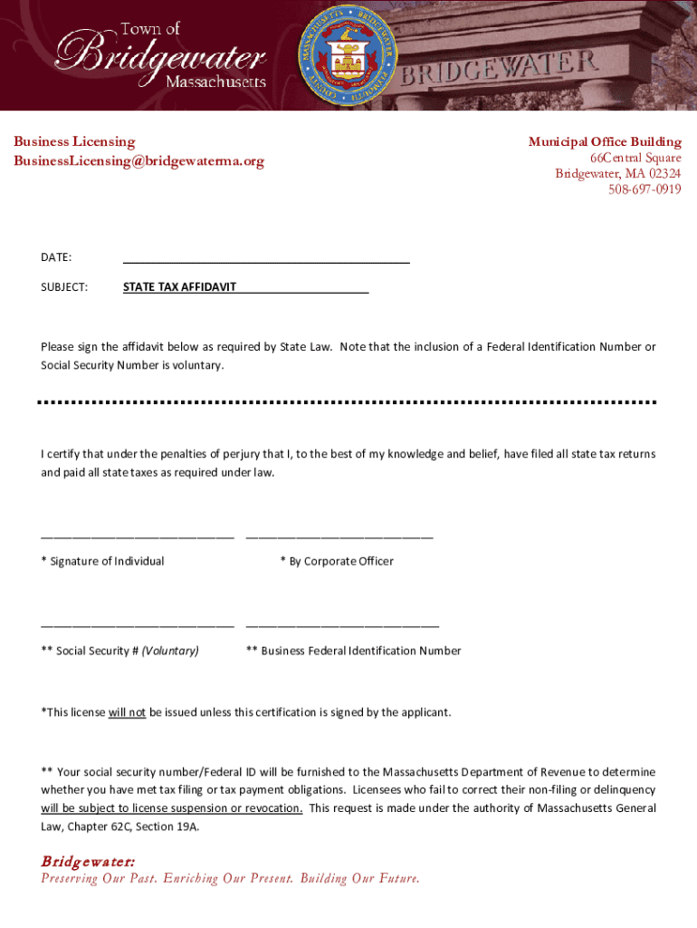 Fillable Online State Tax Affidavit - Bridgewater, MA Fax Email Print ...