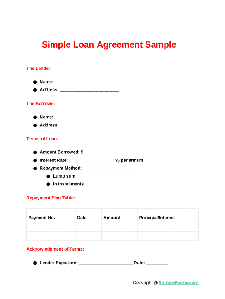 Simple Loan Agreement Sample Doc Template | pdfFiller