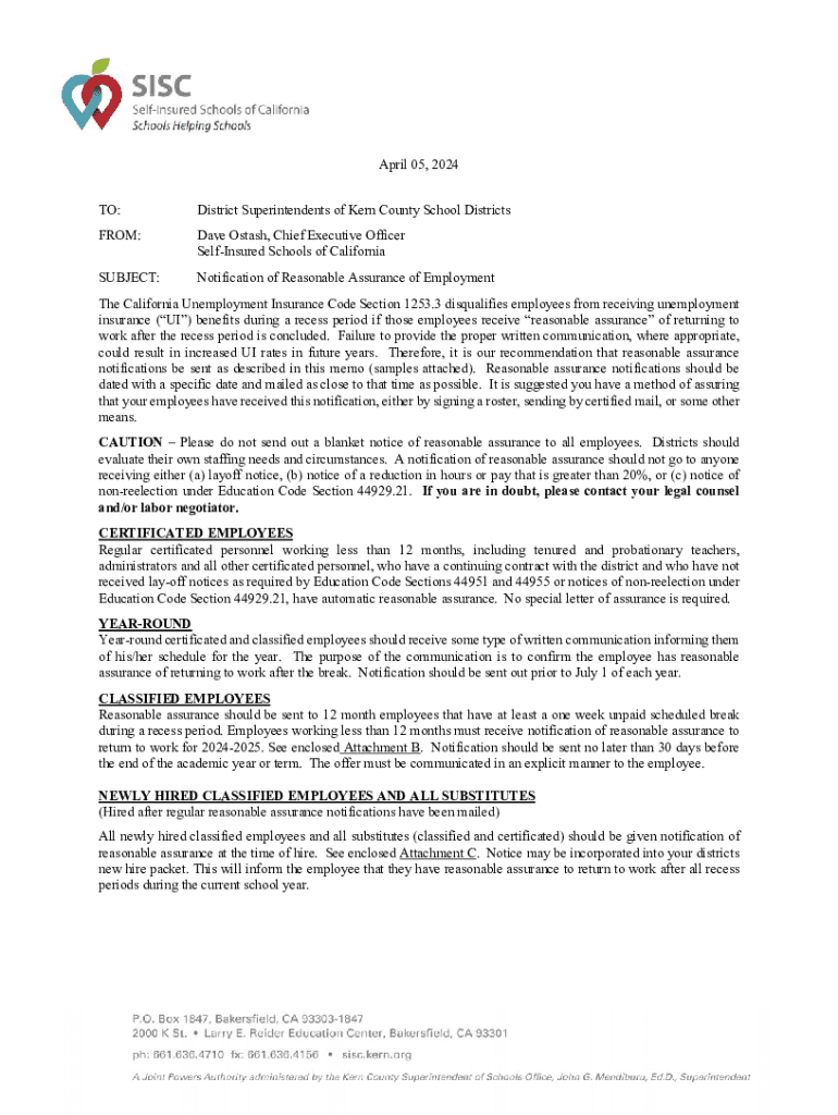 Fillable Online sisc kern Notification of Reasonable Assurance of ...
