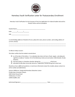 Fillable Online Homeless Youth Verification Letter for Postsecondary ...