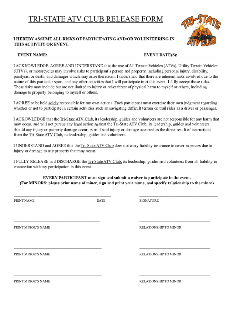 Fillable Online TRI-STATE ATV CLUB RELEASE FORM Fax Email Print - pdfFiller