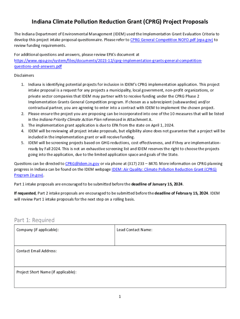 Fillable Online Indiana Climate Pollution Reduction Grant (CPRG) Project Proposals Fax Email ...