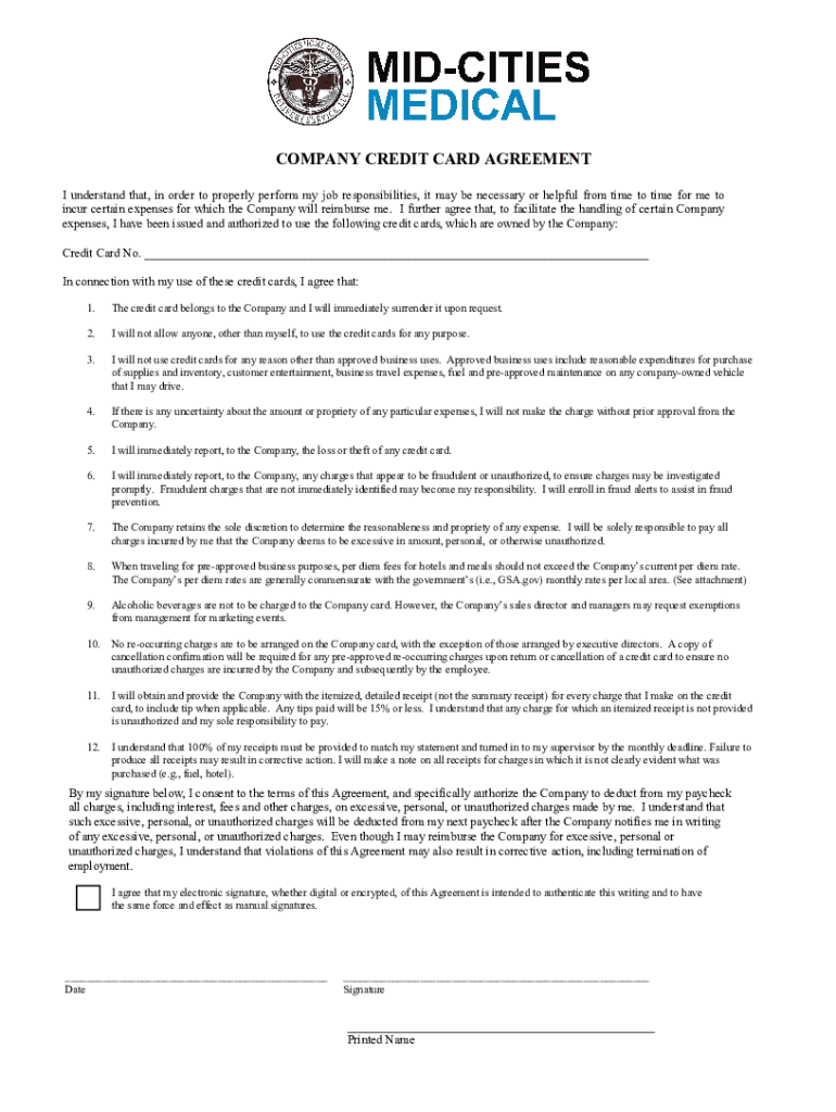 Fillable Online COMPANY CREDIT CARD AGREEMENT Fax Email Print - pdfFiller