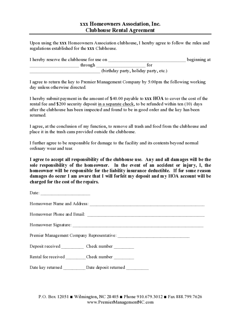 Fillable Online Rules and Information for Renting the Clubhouse Sample ... Fax Email Print ...