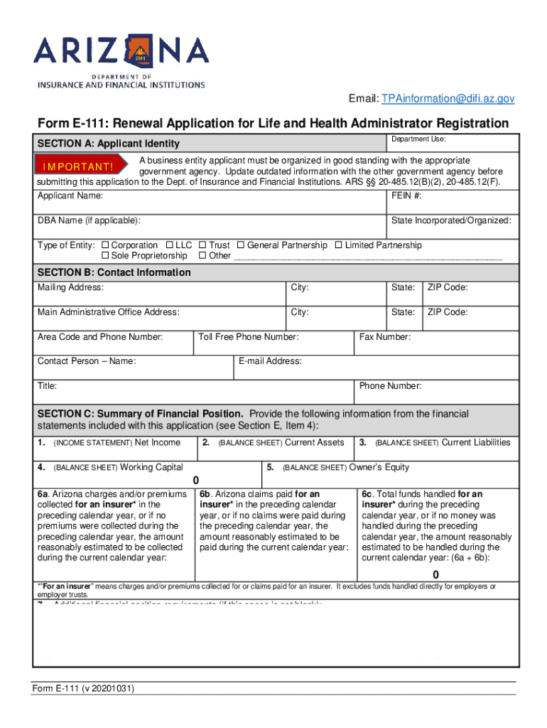 Fillable Online Form E-111: Renewal Application for Life and Health ...