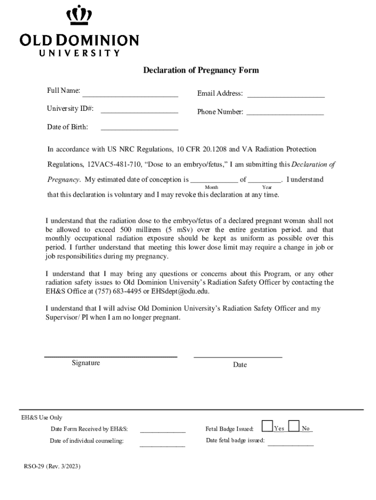 Fillable Online RSO-29 Declaration of Pregnancy Fax Email Print - pdfFiller