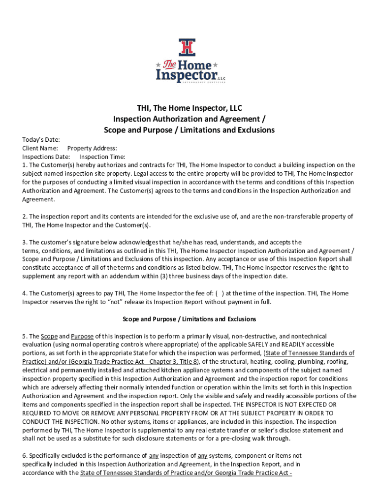 Fillable Online THI, The Home Inspector, LLC Inspection Authorization ...