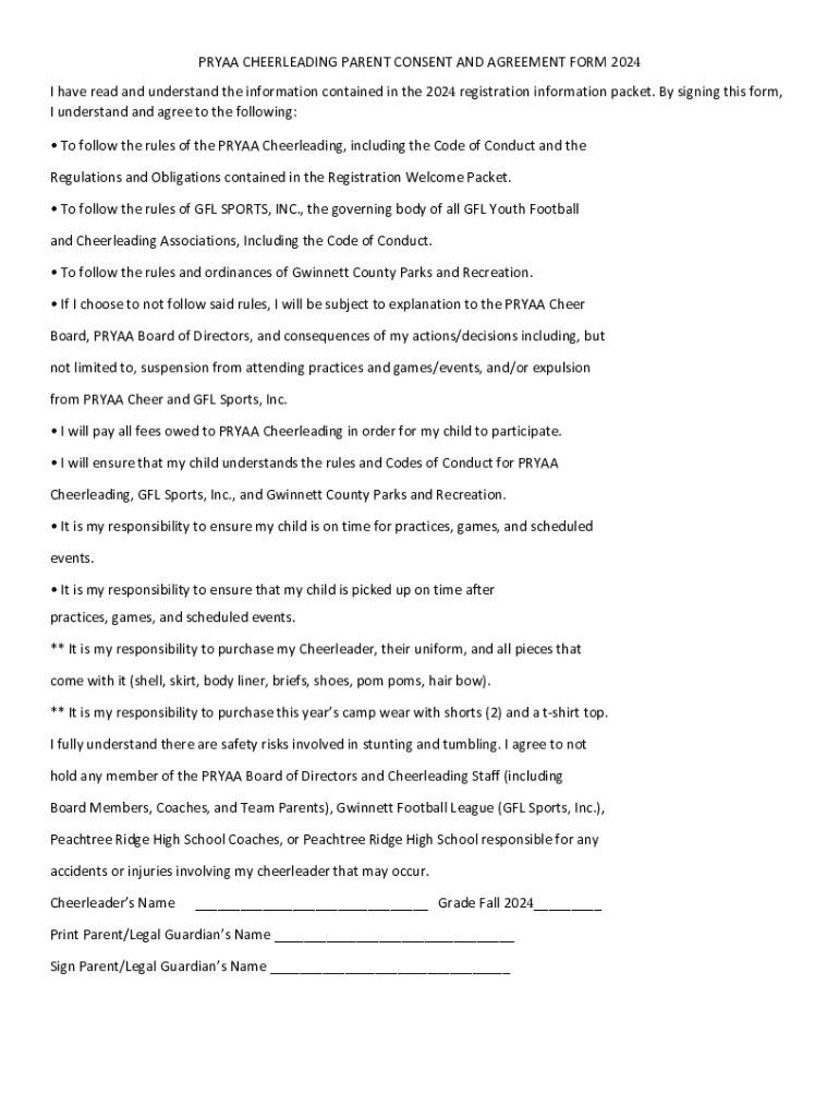 Fillable Online PRYAA CHEERLEADING PARENT CONSENT AND ... Fax Email ...