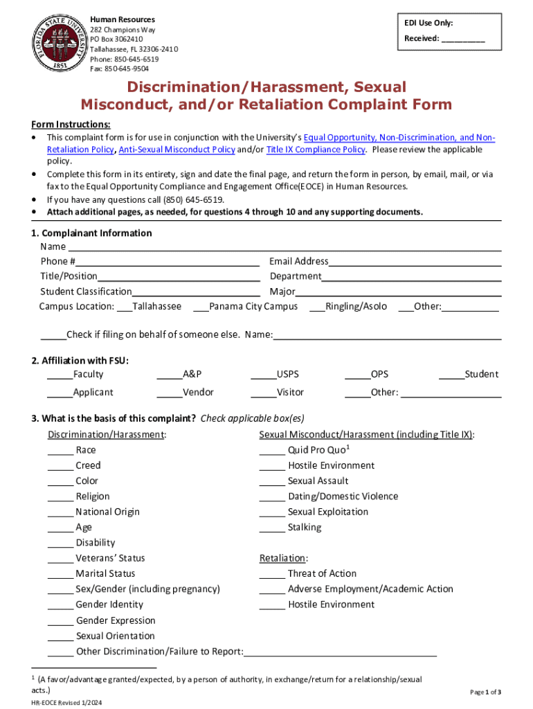 Fillable Online hr fsu Complaint Form For Reporting Sex Discrimination ...