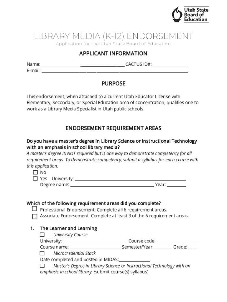 Fillable Online schools utah Library Media K-12 Endorsement Application Fax Email Print - pdfFiller