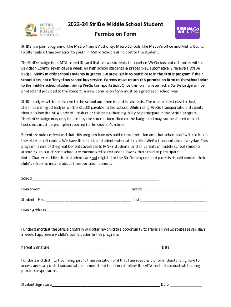 Fillable Online 2023-24 StrIDe Middle School Student Permission Form Fax Email Print - pdfFiller