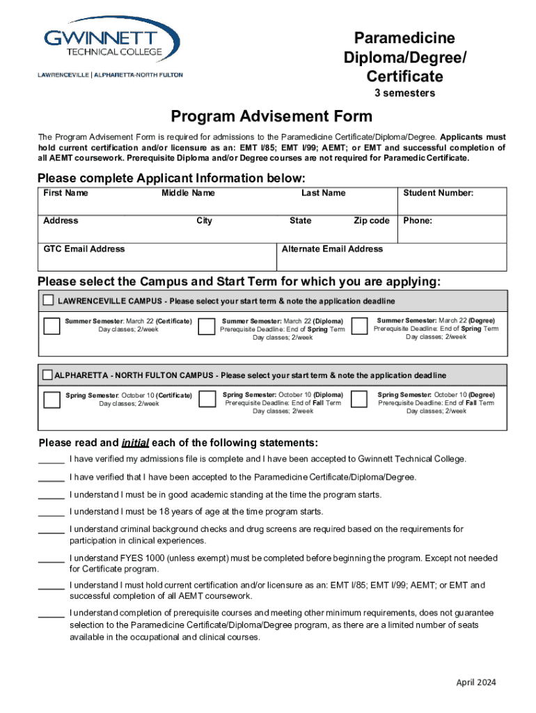 Fillable Online Advanced EMT Program Advisement Form (writeable PDF ...