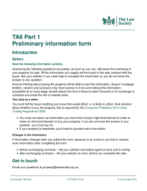 Fillable Online Fillable Online TA6 Part 1 Preliminary information form ...