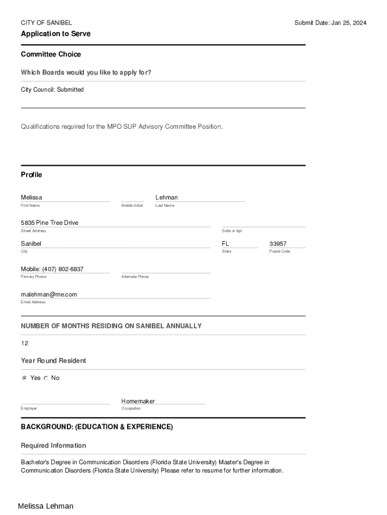 Fillable Online City of Sanibel FL: Board Application Fax Email Print ...
