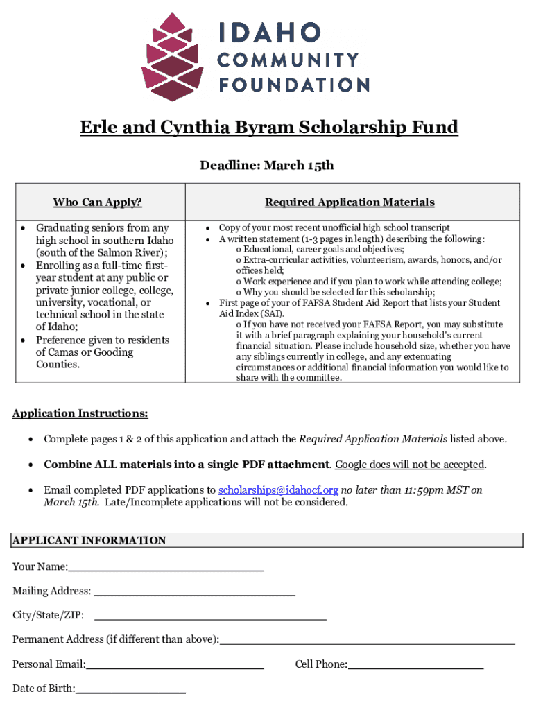 Fillable Online Erle and Cynthia Byram Scholarship - BigFuture ...