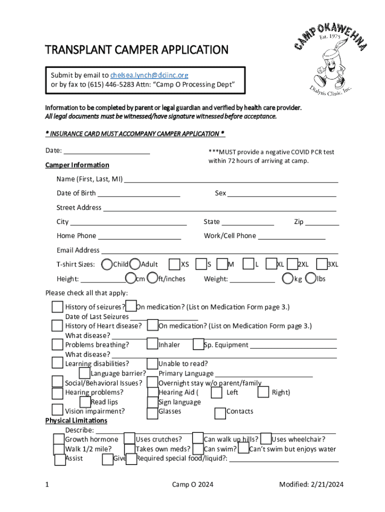 Fillable Online TRANSPLANT CAMPER APPLICATION Fax Email Print - pdfFiller