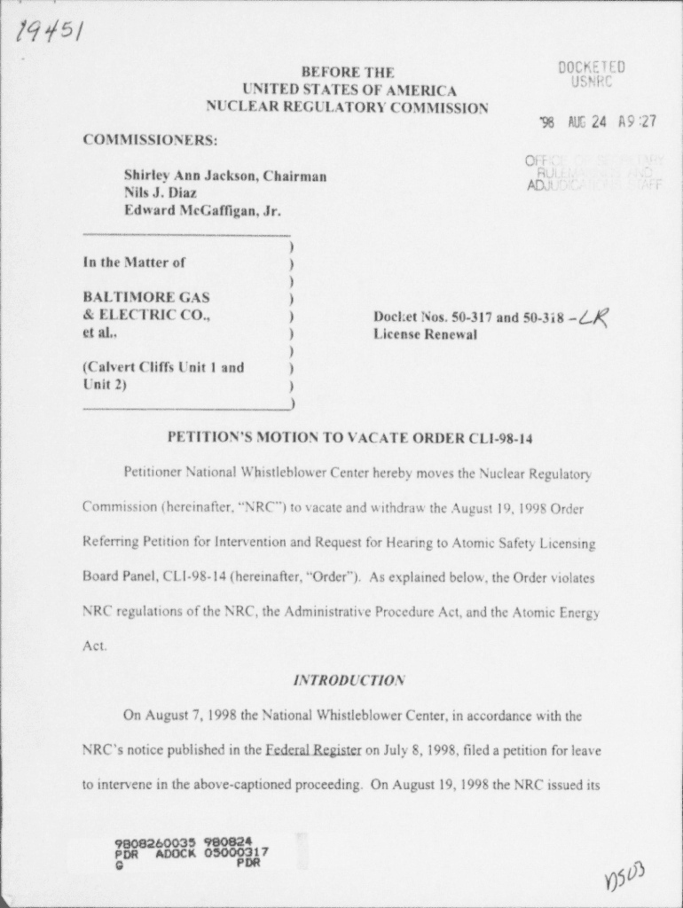 Fillable Online Petition motion to vacate order CLI-98-14.* NRC must ...