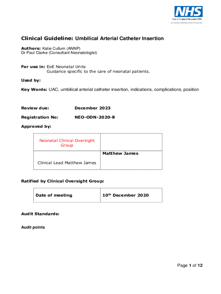 Fillable Online Clinical Guideline: Umbilical Arterial Catheter ...