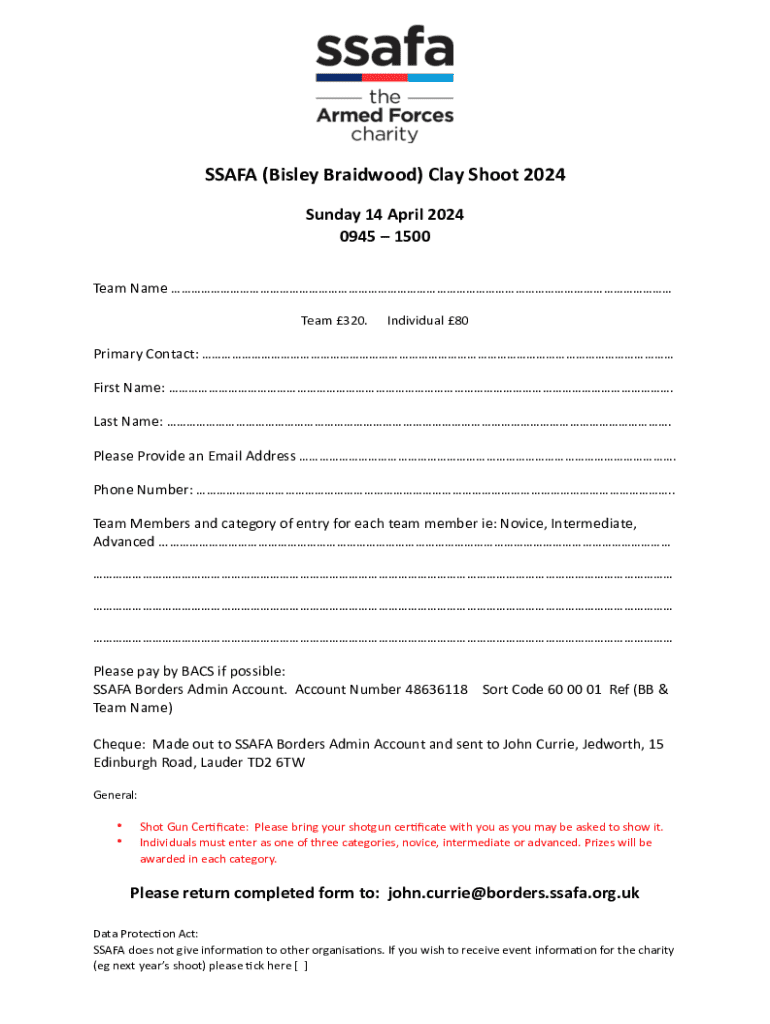 Fillable Online Clay shoot for SSAFA Borders aims high Fax Email Print ...