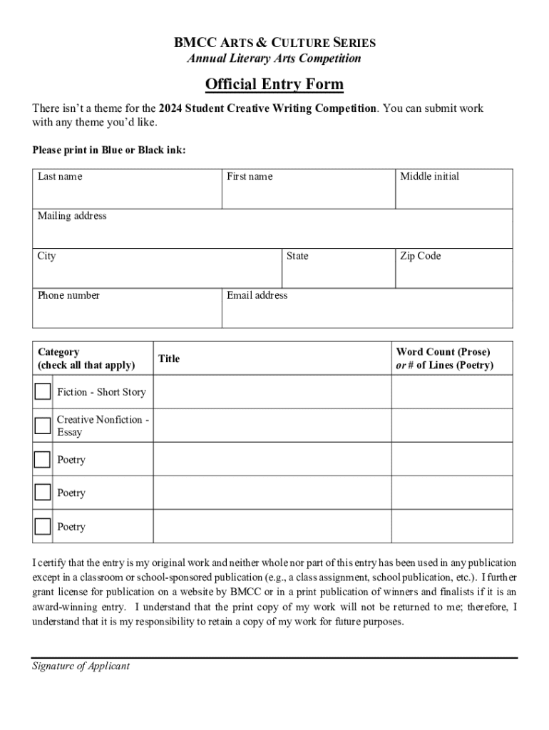Fillable Online Arts & Culture Writing Competition Entry Form and Rules Fax Email Print - pdfFiller