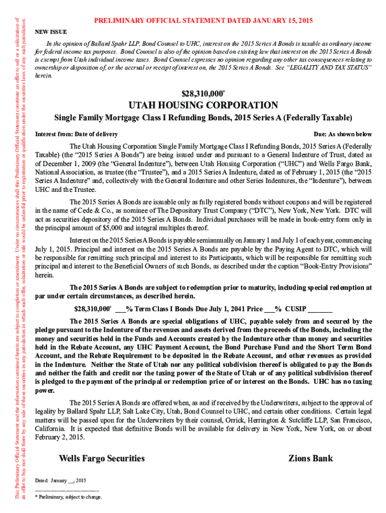 Fillable Online Preliminary Official Statements & Official Statements ...