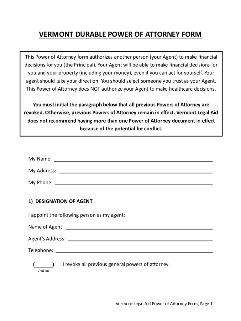 Fillable Online Power of Attorney Form from Vermont Legal Aid Fax Email ...