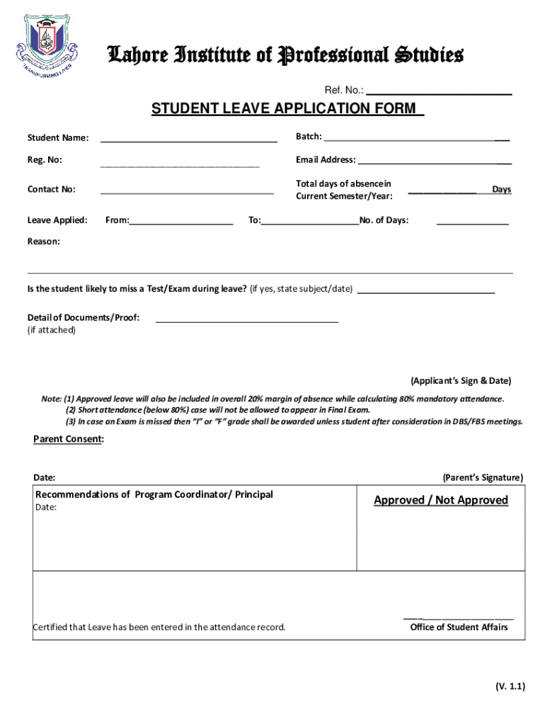 Fillable Online LEAVE APPLICATION FORM (Students) - LIPS Fax Email ...
